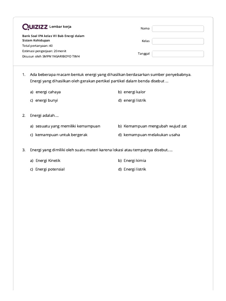 Bank Soal IPA Kelas VII Bab Energi Dalam Sistem Kehidupan - Quizizz | PDF