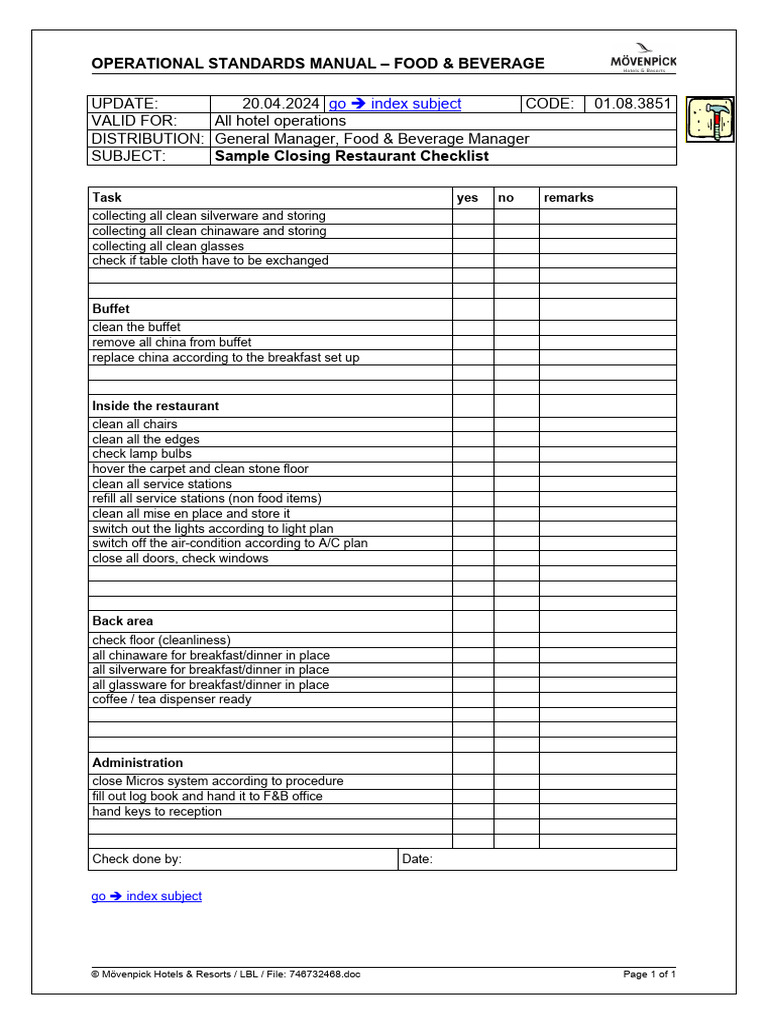 Sample Restaurant Closing Checklist | PDF | Cooking, Food & Wine