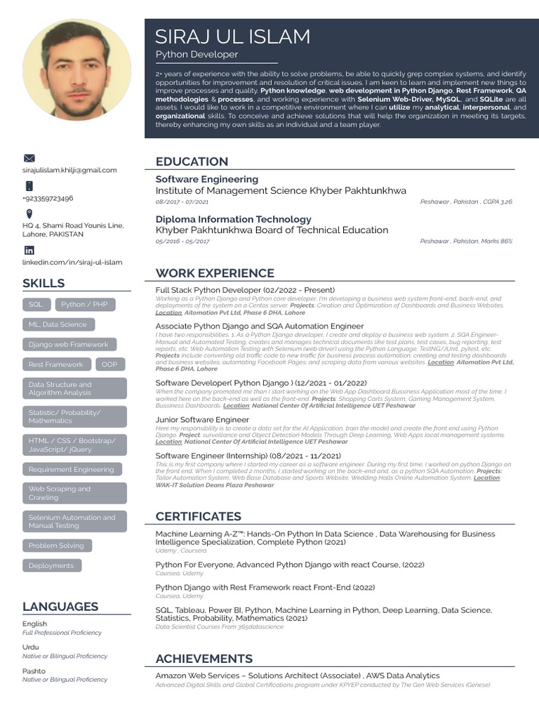 SIRAJ UL ISLAM Python Developer | PDF | Compiler | World Wide Web
