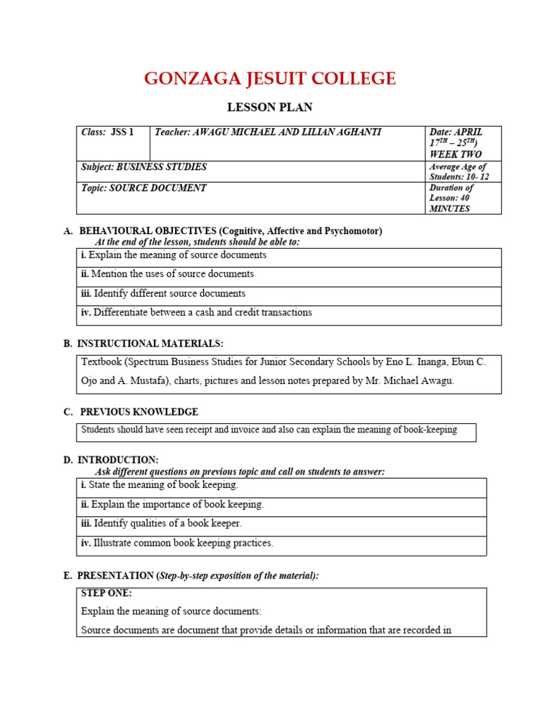 LESSON PLAN JSS 1 WEEK TWO - Third Term - 2023_2024 | PDF | Bookkeeping ...