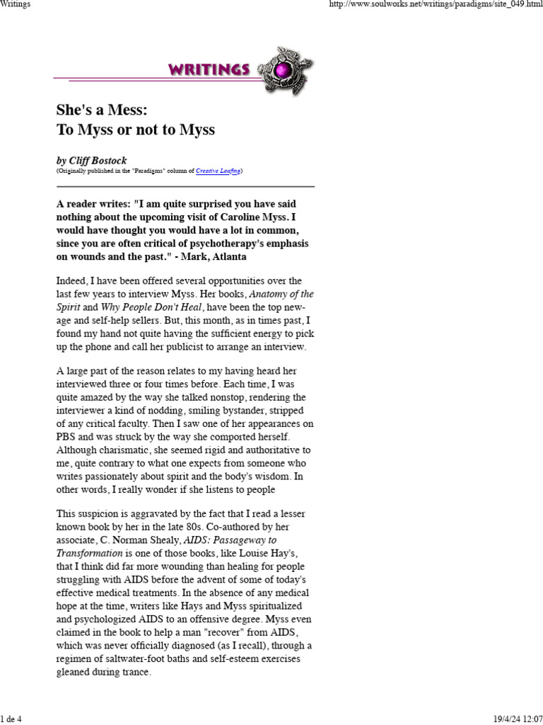 Writings Caroline Myss Critique | PDF | Psychology