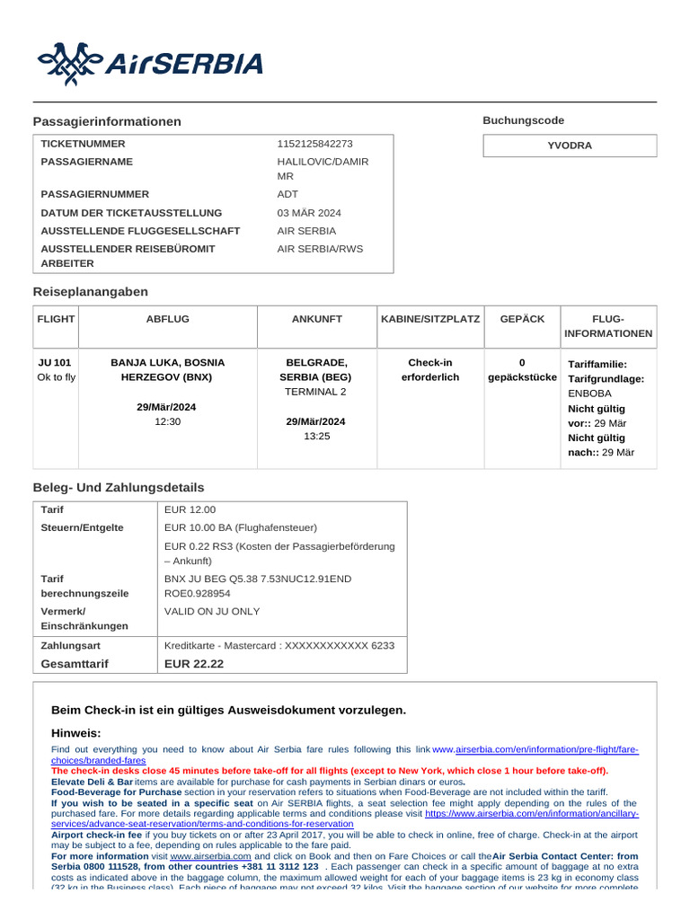 Elektronisches Ticket, 29 MÃ RZ Fã R MR DAMIR HALILOVIC | PDF | Fee | Airlines
