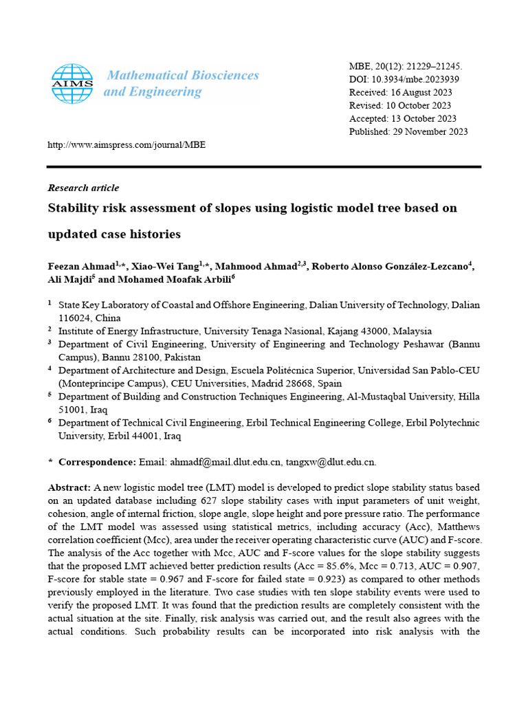 Stability Risk Assessment of Slopes Using Logistic Model Tree Based On Updated Case Histories ...