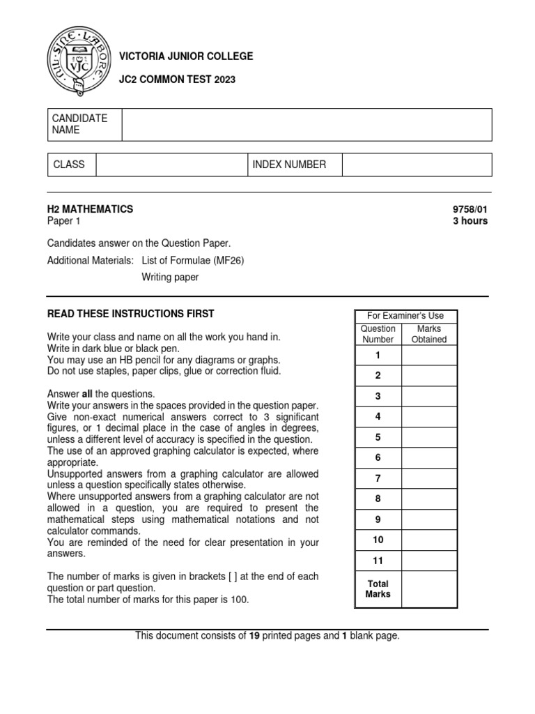 VJC 2023 H2 Math CT QP | PDF | Probability Distribution | Normal Distribution