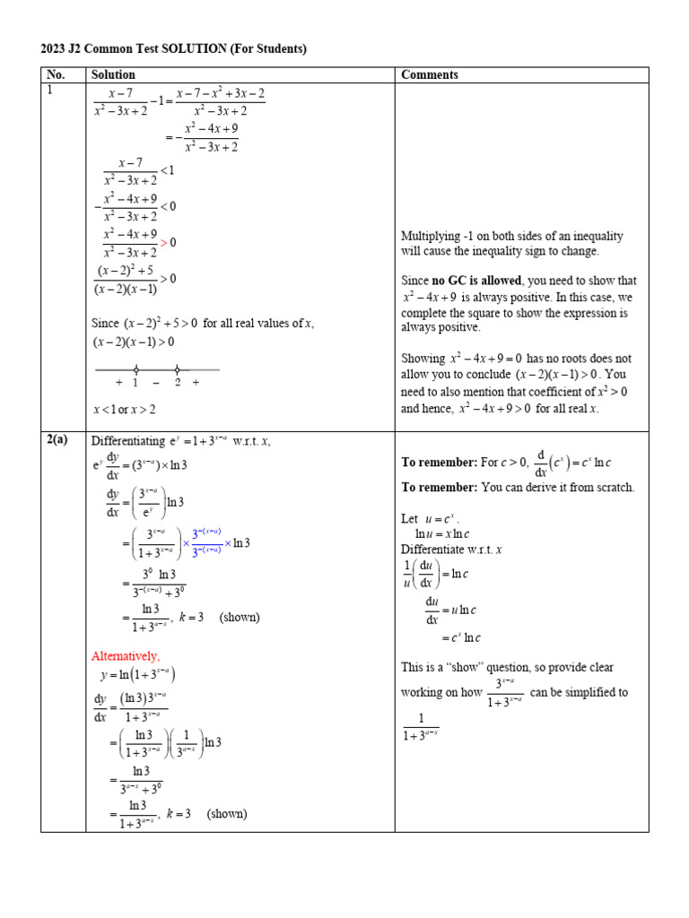 VJC 2023 H2 Math CT Solutions | PDF | Trigonometric Functions | Mathematics