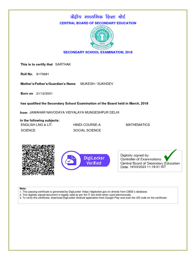 CBSE Class 10 Passing Certificate 2018 | PDF