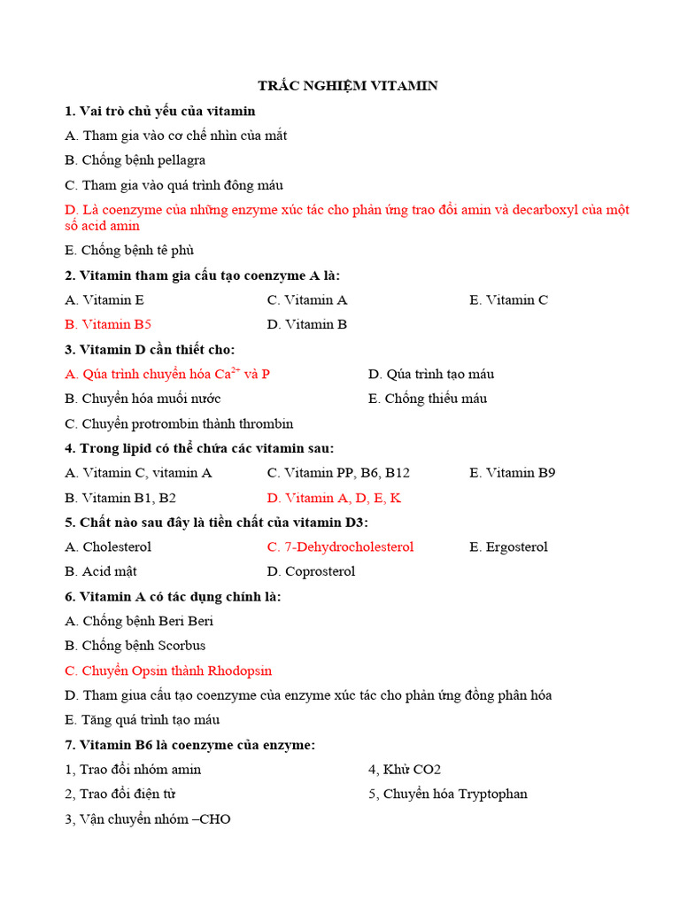 TRẮC NGHIỆM VITAMIN 1 | PDF