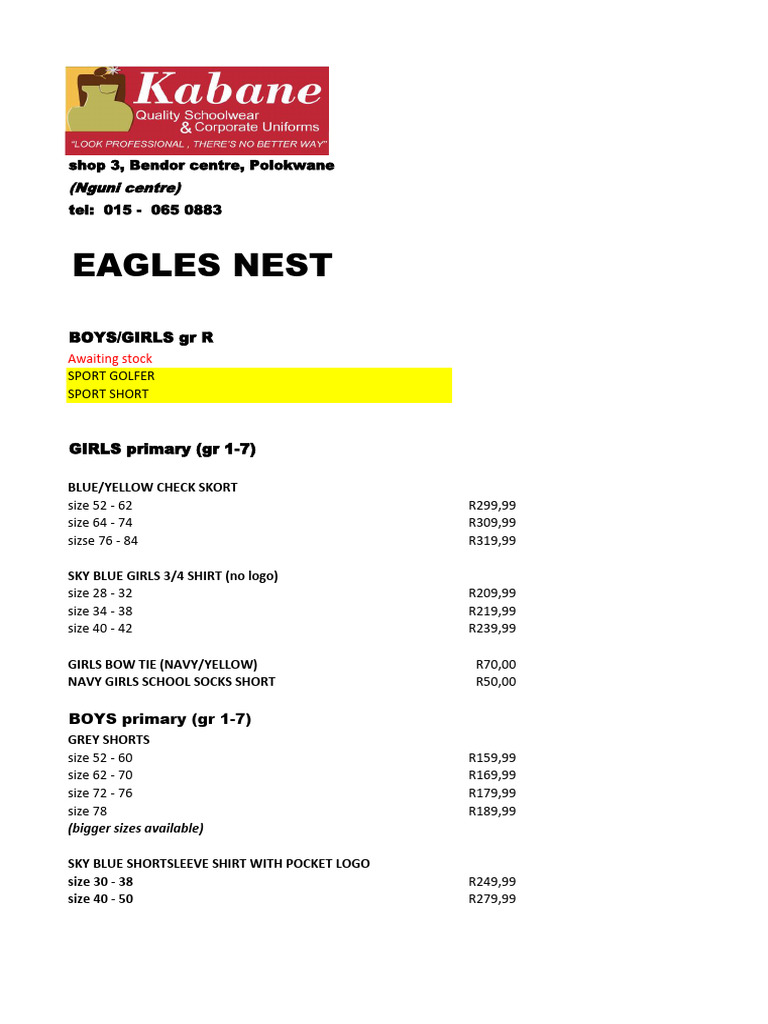 Eagles Nest School Uniform Price List | PDF | Dress Codes | Uniforms
