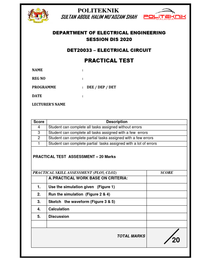 Practical Test Dis 2020 | PDF | Root Mean Square | Electrical Engineering