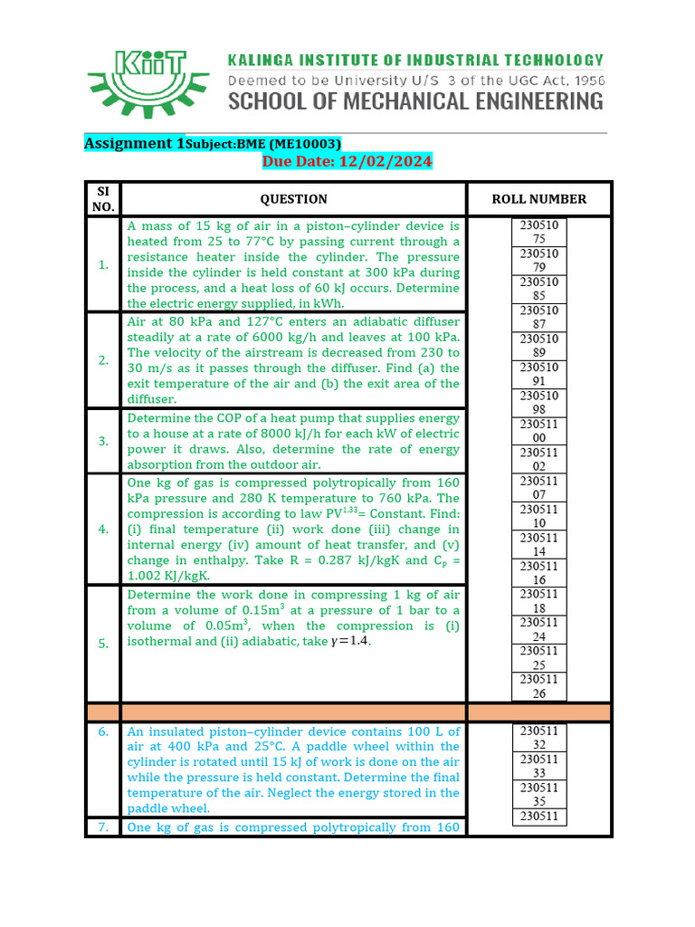 Assignment 1 - Thermodynamics | PDF | Heat | Gases