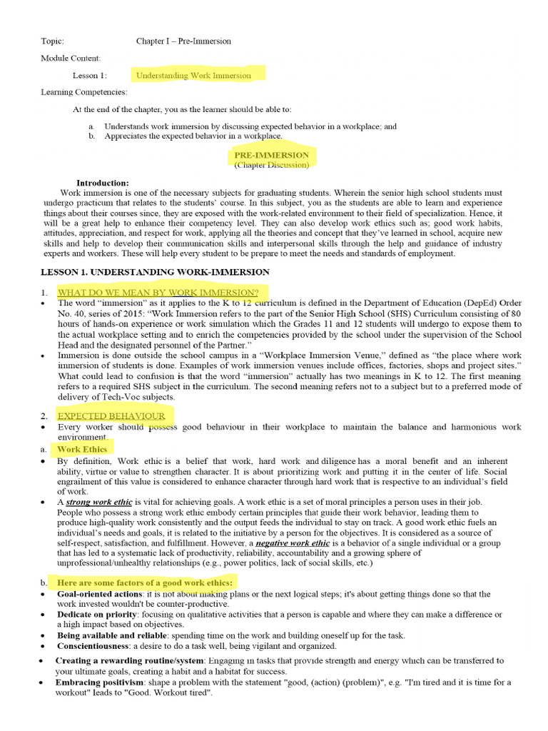 Work-Immersion-Lessons 1-5 | PDF