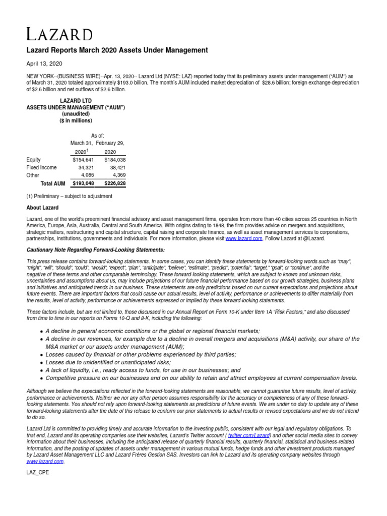 Lazard Reports March 2020 Assets Under Management | PDF | Business ...