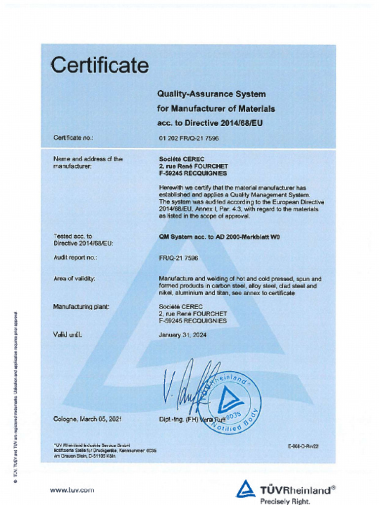Certificat AD W0 - EN - Compressed | PDF | Materials | Metals