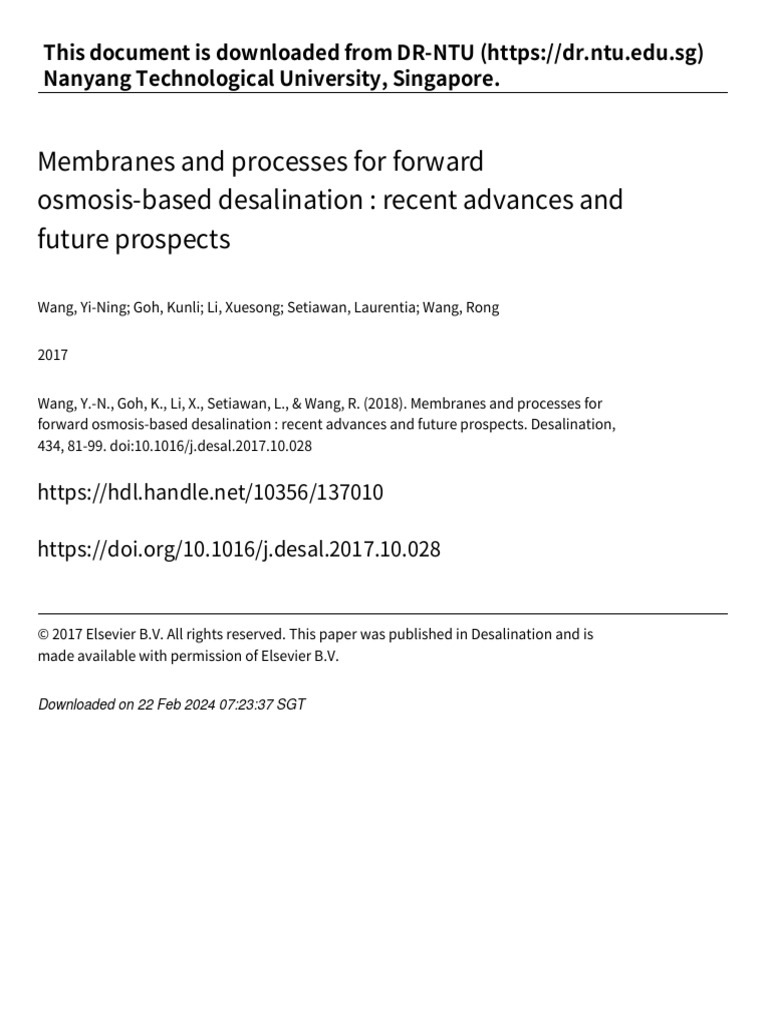 Membranes And Processes For Forward Osmosis Based Desalination Recent Advances And Future