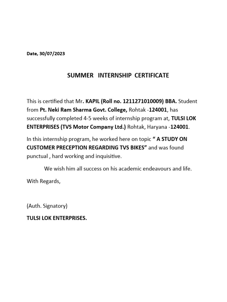 Internship Completion for BBA Student | PDF