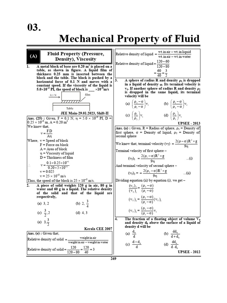 YCT Mechanical Properties of Fluids NEET JEE Questions Practice | PDF ...