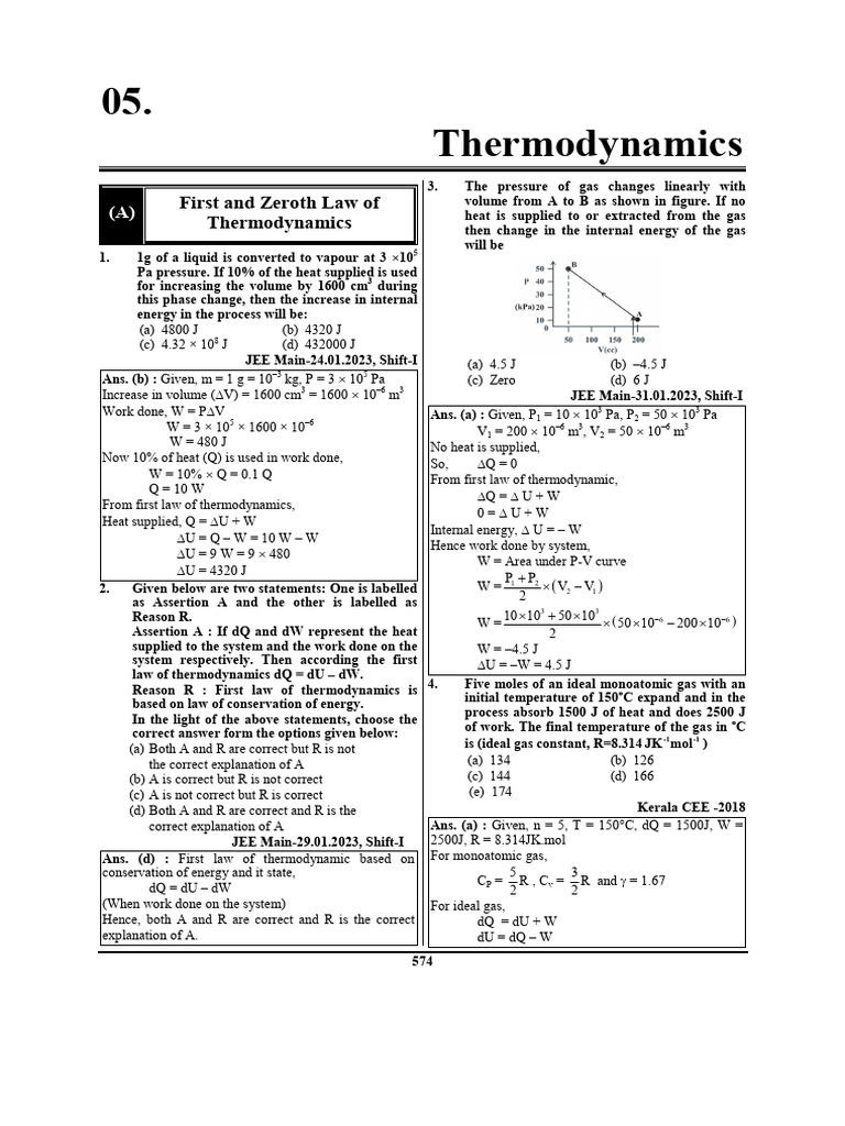 YCT Physics Thermodynamics NEET JEE Questions Practice | PDF | Heat | Gases