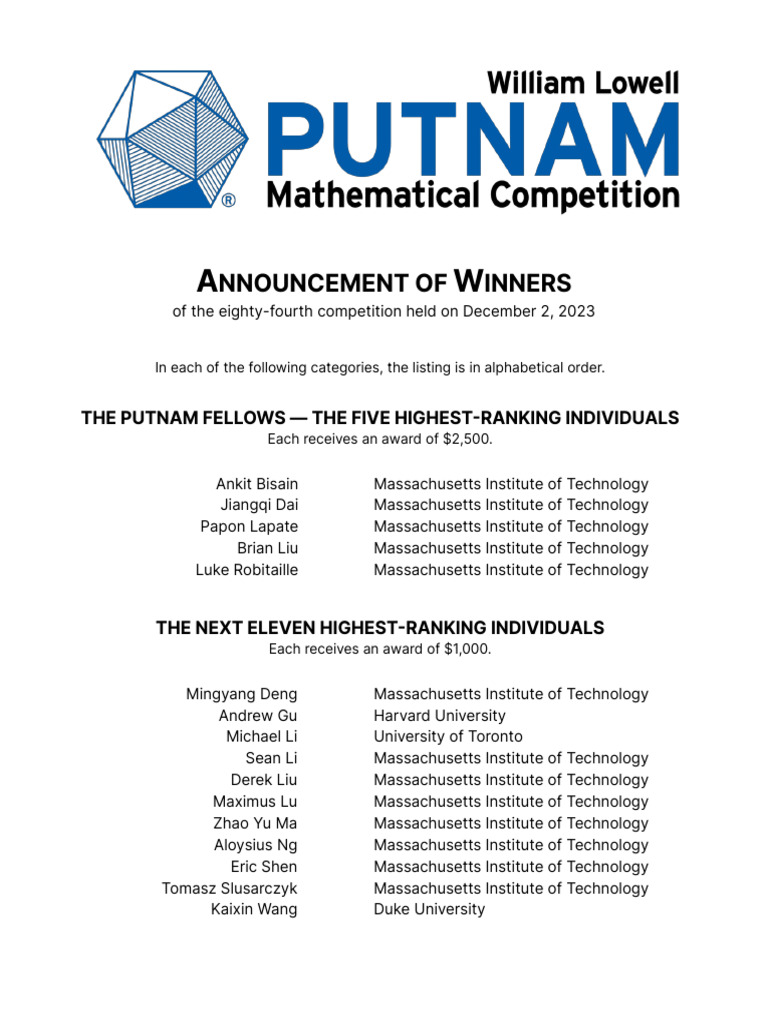 2023 Putnam Competition Winners Announced | PDF