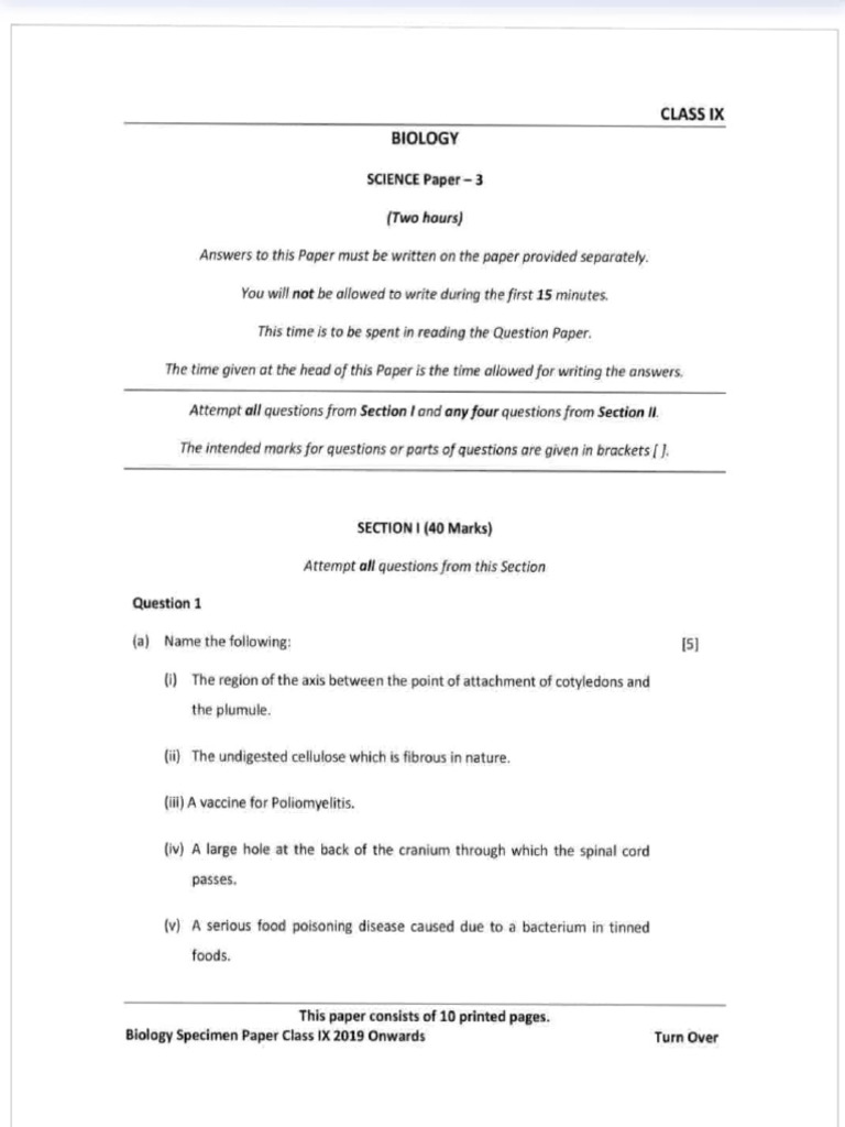 Class 9 Biology Specimen Paper 2019 | PDF | Cell (Biology) | Flowers