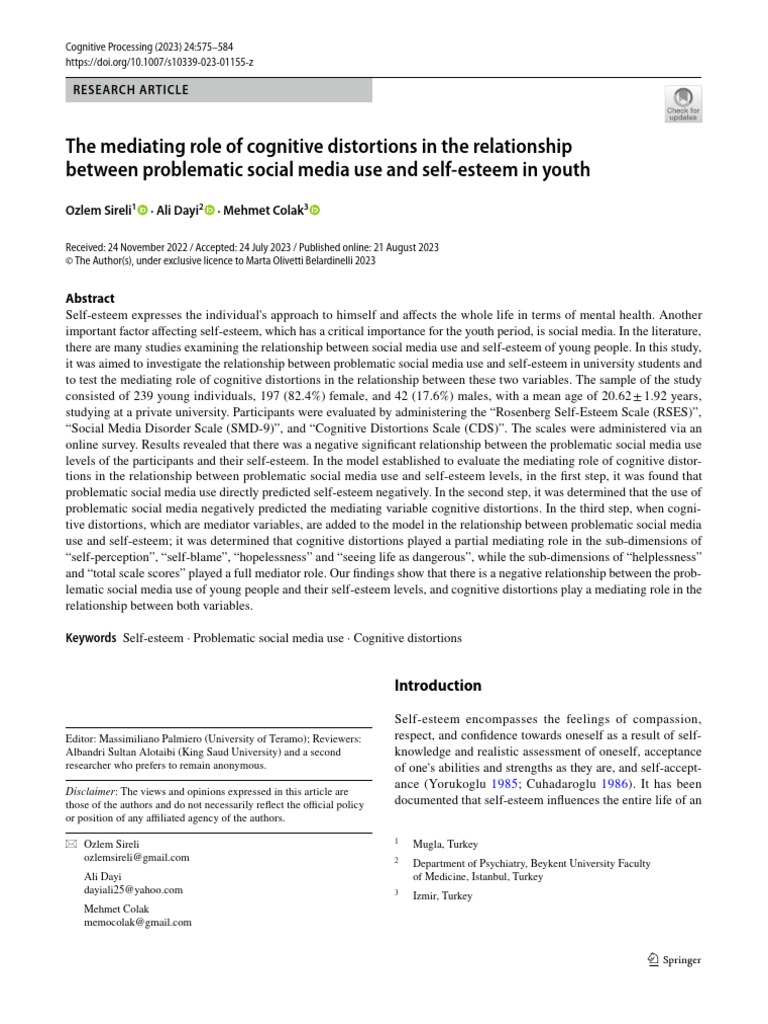 Cognitive Distortions and Self-Esteem in Youth | PDF | Self Esteem ...