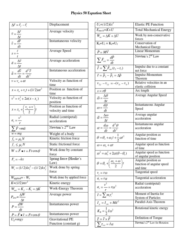 Physics 50 Equation Sheet | PDF | Force | Acceleration