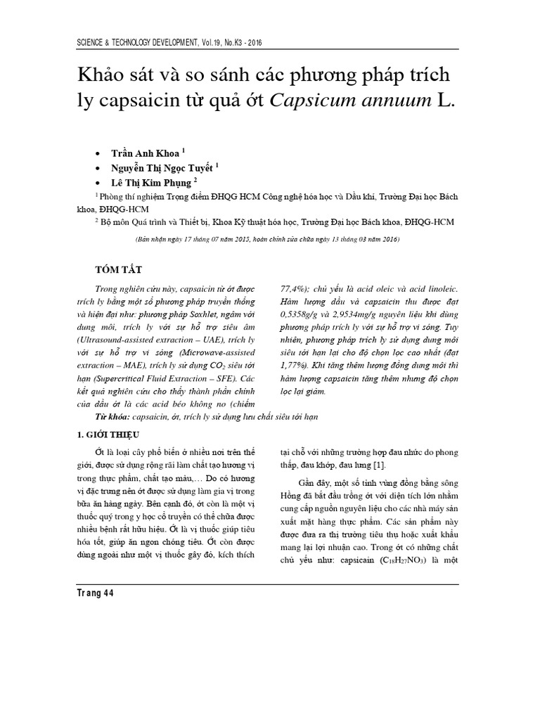 Khảo sát và so sánh các phương pháp trích ly capsaicin từ quả ớt Capsicum annuum L | PDF