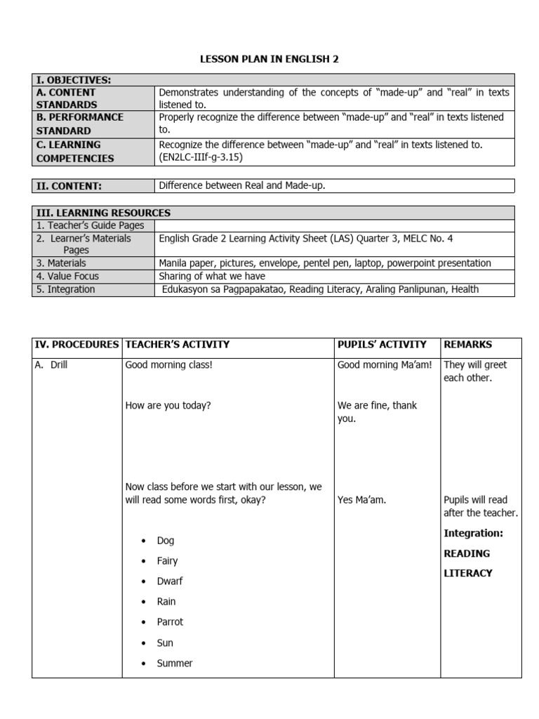 Lesson Plan in English 2 Demo | PDF | Lesson Plan | Learning