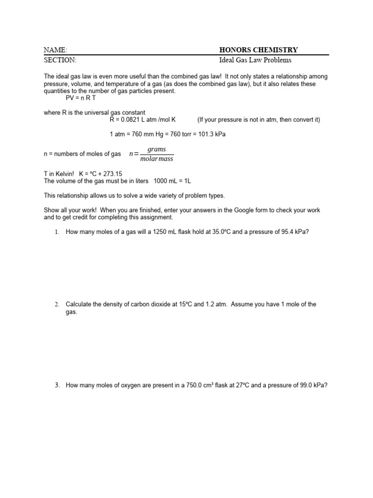 Ideal Gas Law Problems 2020 | PDF