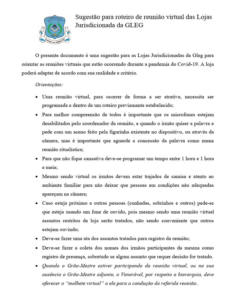 Roteiro de Reunião Virtual GLEG | PDF | Loja Maçônica | Oração