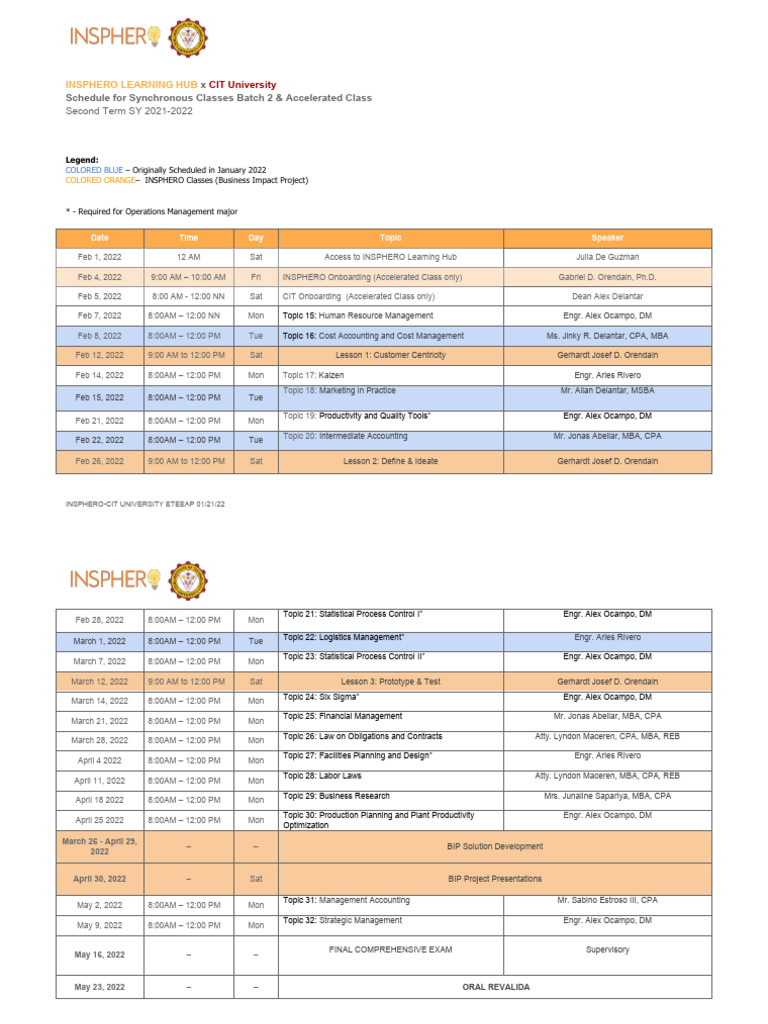 INSPHERO-CIT Class Schedule 2022 | PDF | Production And Manufacturing | Leadership