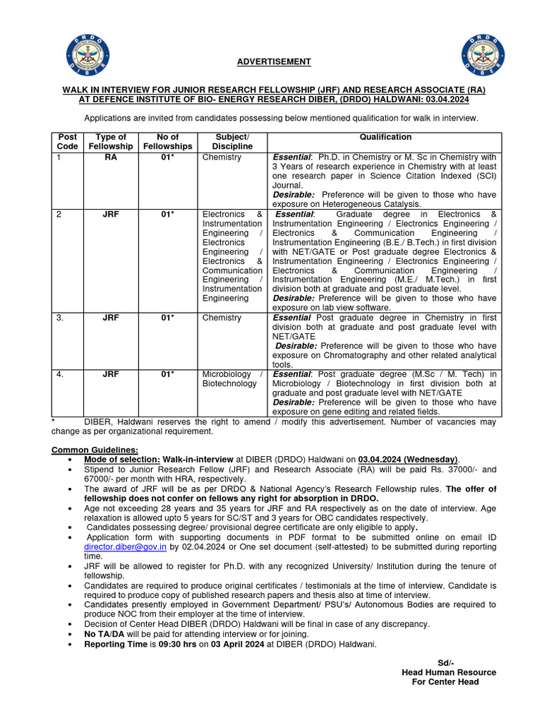 AdvtDIBER23022024 DRDO Application Form | PDF | Engineering