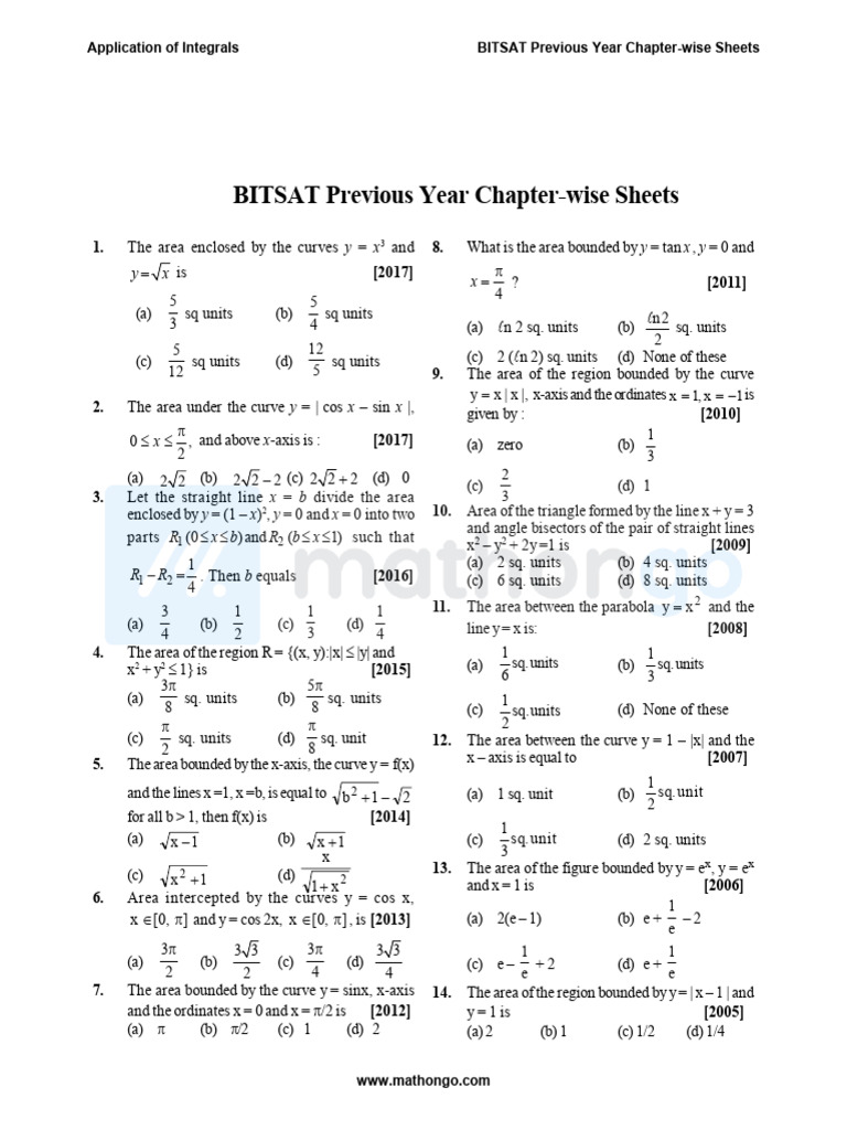 Application of Integrals BITSAT Previous Year Chapter Wise Sheets | PDF | Area | Euclidean Geometry