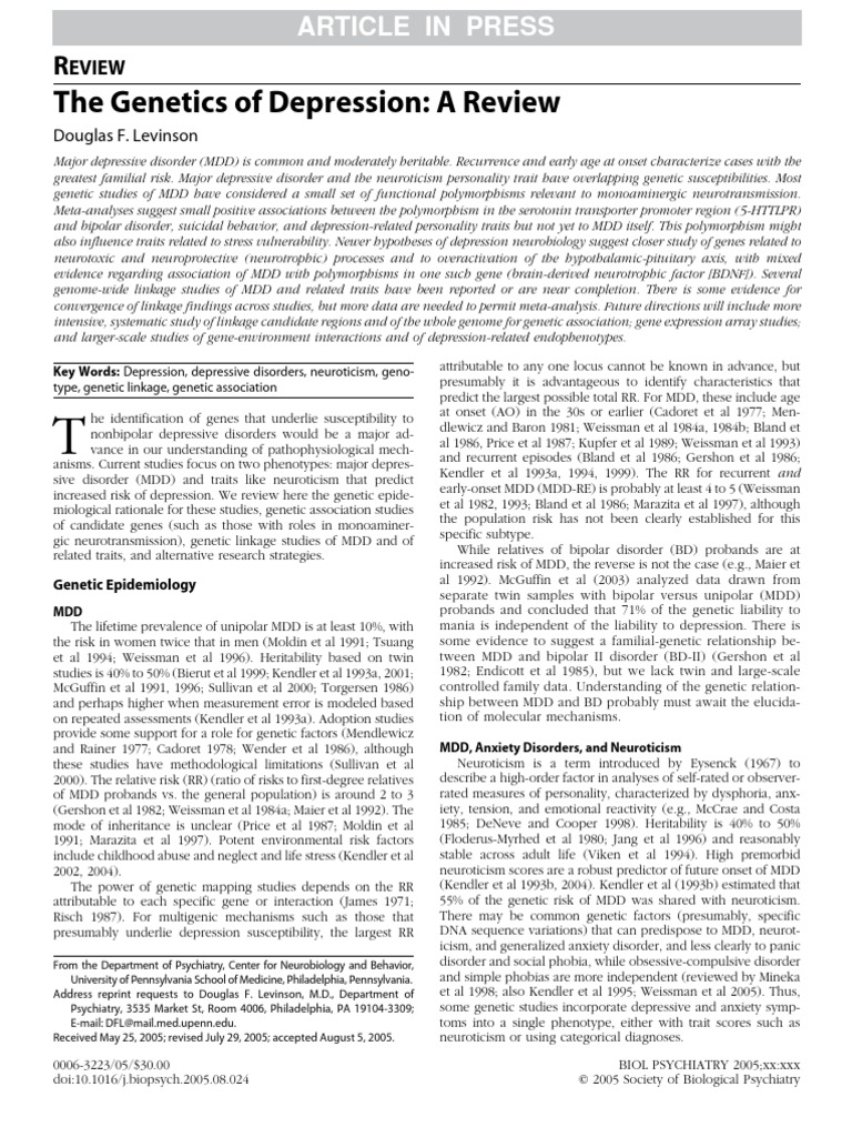 Depression Genetics Causes A Review | PDF | Genetic Linkage | Major ...