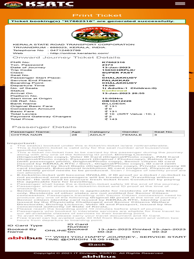 KERALA RTC Official Website For Online Bus Ticket | PDF | Identity Document | Ticket (Admission)