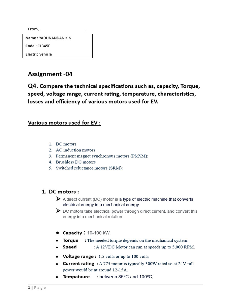 EV Assignment q4 | Download Free PDF | Electric Motor | Electrodynamics
