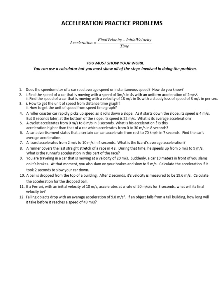 Acceleration Practice Problems | PDF