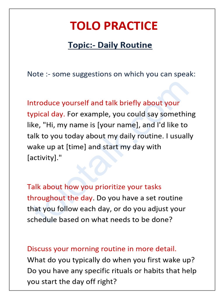 Tolo Practice Topic Daily Routine | PDF