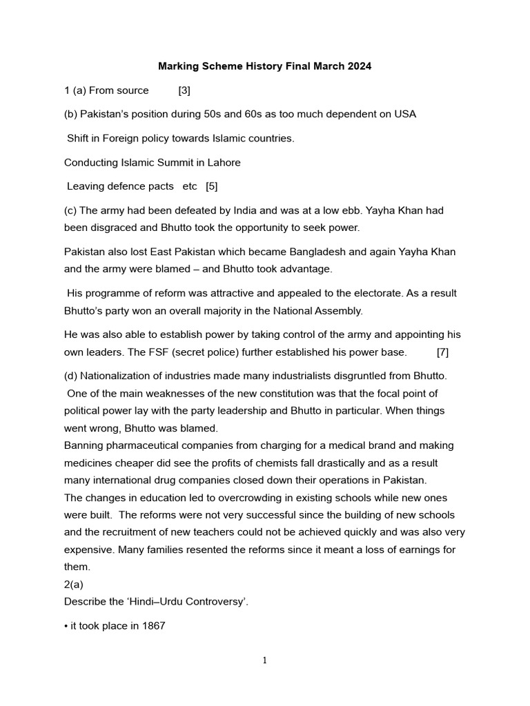 Marking Scheme History Final March 2024 | PDF | All India Muslim League ...