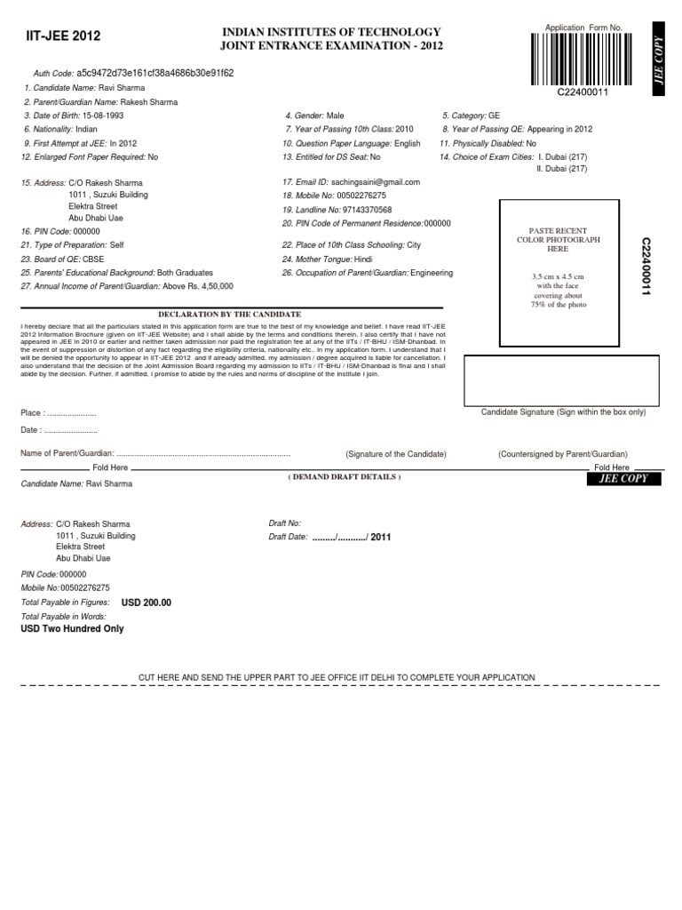 IIT-JEE 2012 Sample Application Form | PDF | Test/Examination