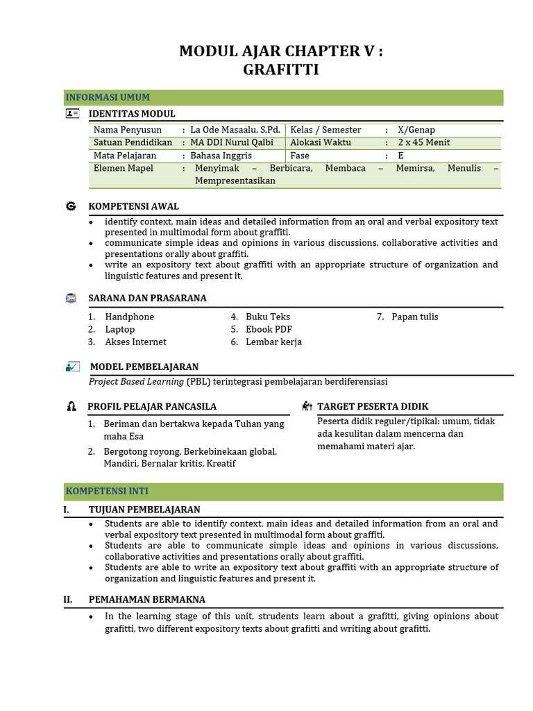 Modul Ajar Chapter V - Graffiti Kelas X Semester II (Kurikulum Merdeka) | PDF