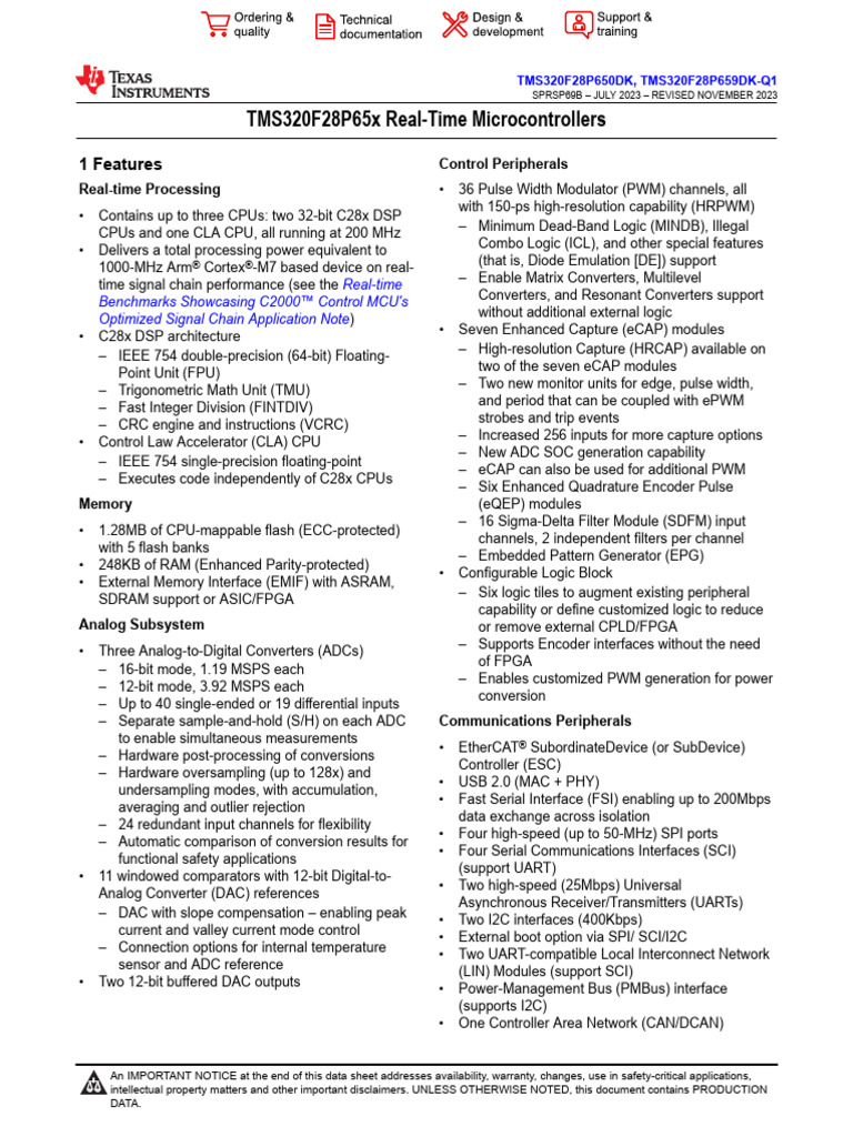 TMS320F28P65x Real-Time Microcontrollers: 1 Features | PDF | Microcontroller | Analog To Digital ...