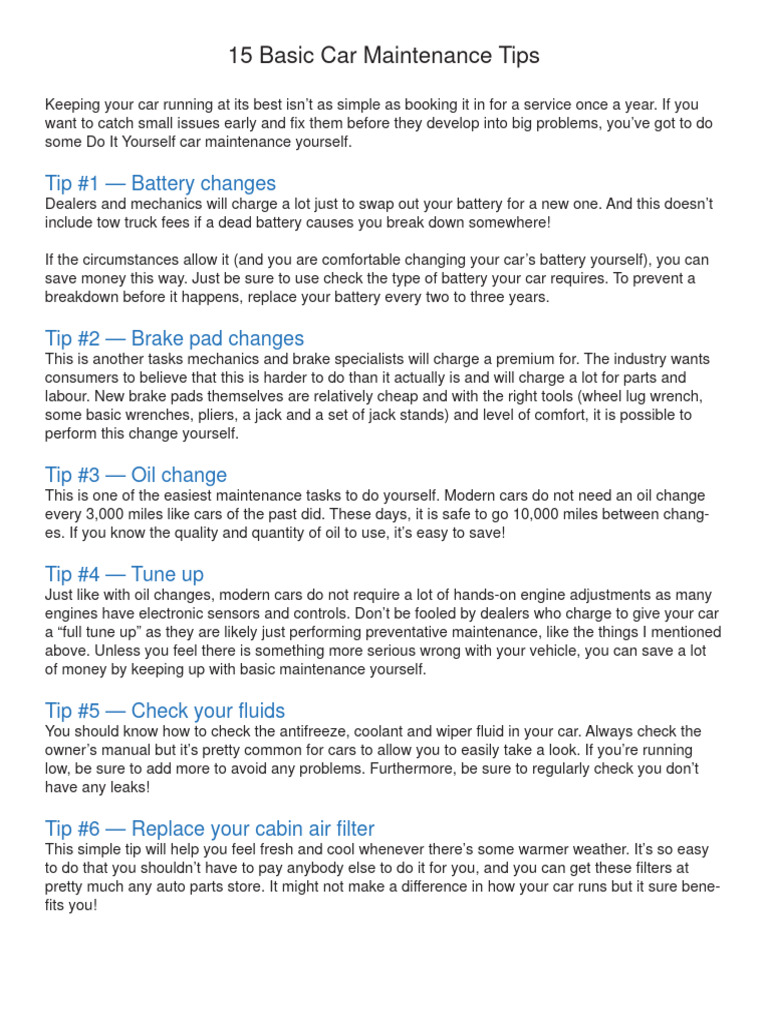 15 Basic Car Maintenance Tips | PDF | Car | Gasoline