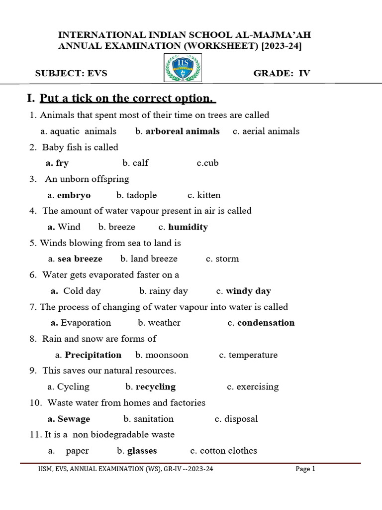 EVS Annual Exam Worksheet for Grade IV | PDF | Water | Frost
