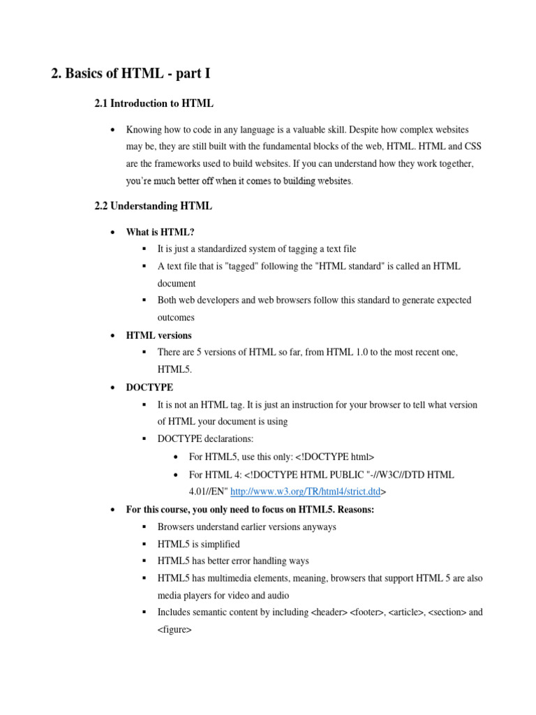 2 Basics of HTML Part I Class Note | PDF | Html Element | Html 2 Basics of HTML Part I Class Note | PDF | Html Element | Html