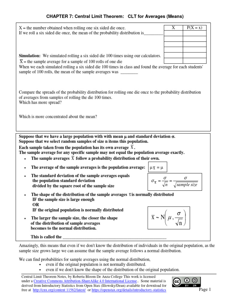 M10 - Ch7 - CLT - Notes 2019W | PDF | Normal Distribution | Sample Size ...