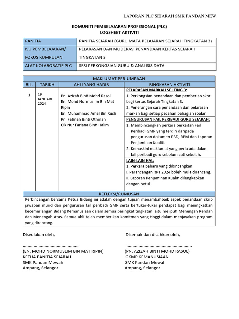 Laporan PLC Sejarah T3 (19 Jan 2024) | PDF