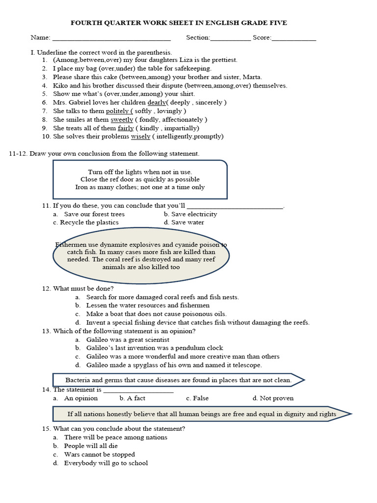 Fourth Quarter Work Sheet in English Grade Five | PDF