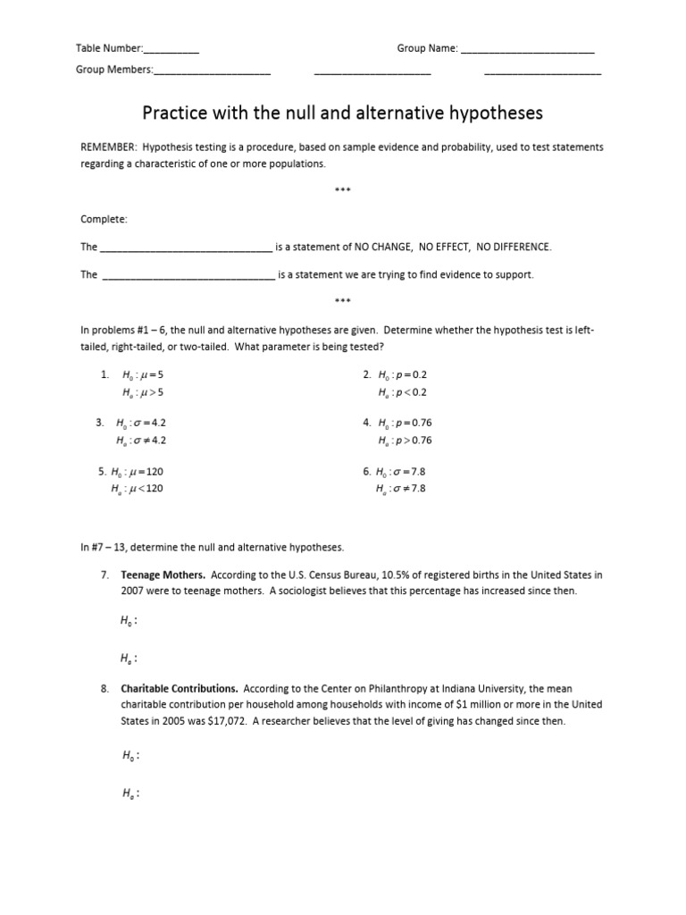 Practice With The Null and Alternative Hypotheses | PDF | Hypothesis | Scientific Method
