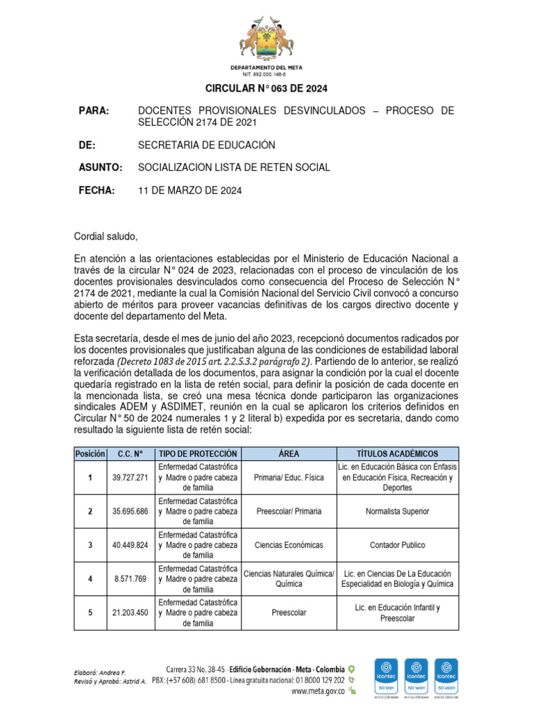 Circular_No_63_de_2024 Lista retén social dpto | PDF | Educación de la primera infancia ...