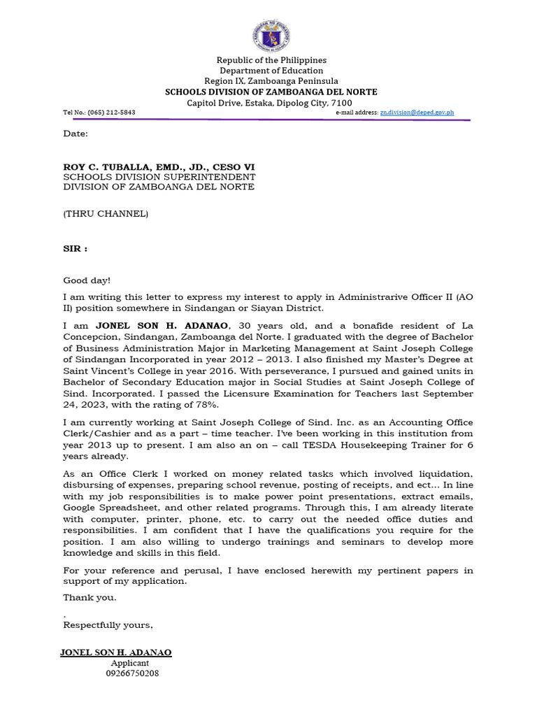 Jonel Intent Letter For AO and Teaching | PDF | Career & Growth